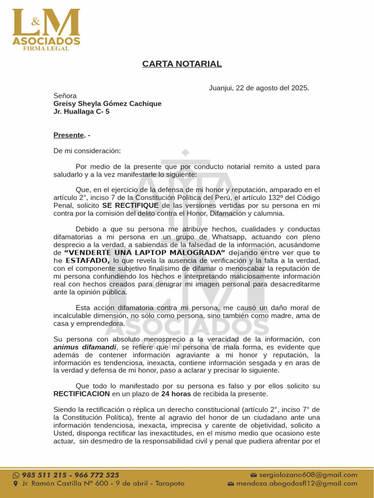 Carta Notarial Por Difamacion | PDF | Justicia | Crimen y violencia