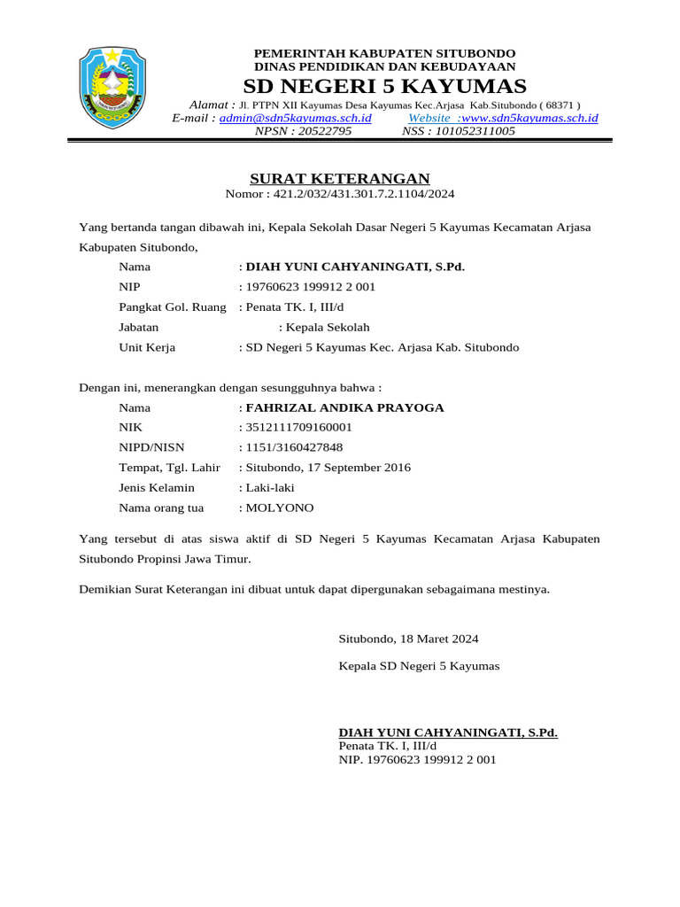 Surat Keterangan Siswa SD Kayumas | PDF
