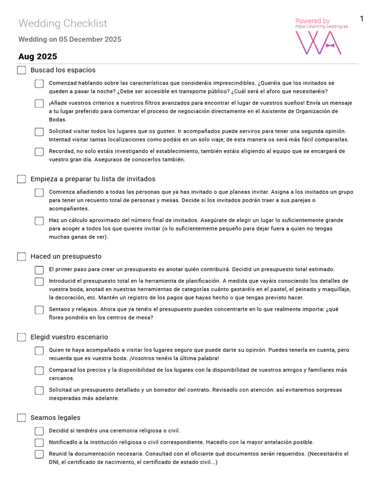 Checklist 24 Agosto 2025 | PDF | Boda