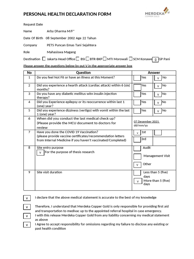 Form Health Declartion - Nama Lengkap | PDF | Health Care | Clinical ...