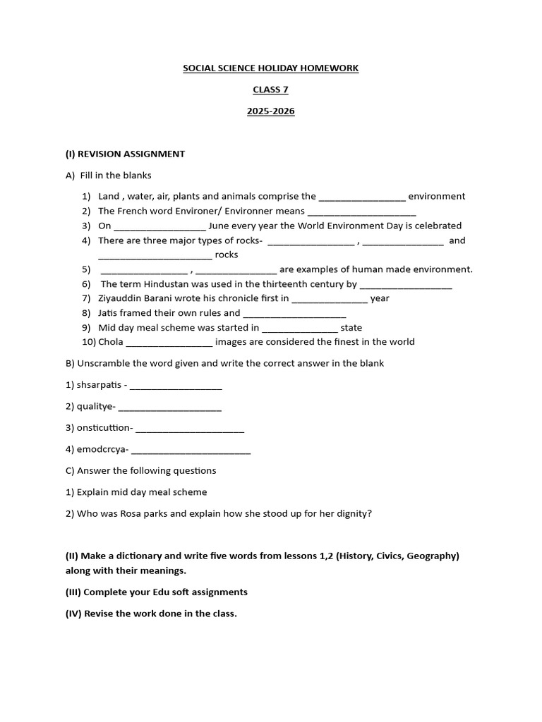 Class 7 Social Science Holiday Homework | PDF