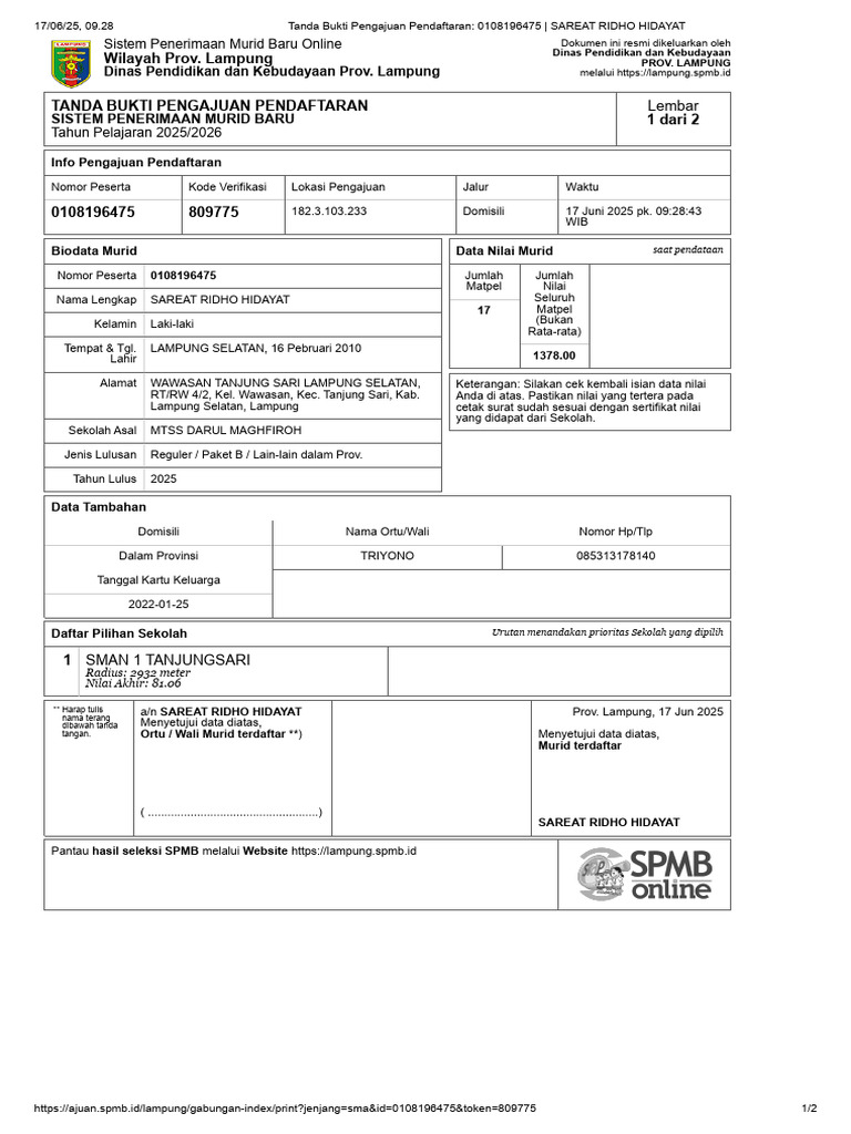 Tanda Bukti Pengajuan Pendaftaran - 0108196475 - SAREAT RIDHO HIDAYAT | PDF