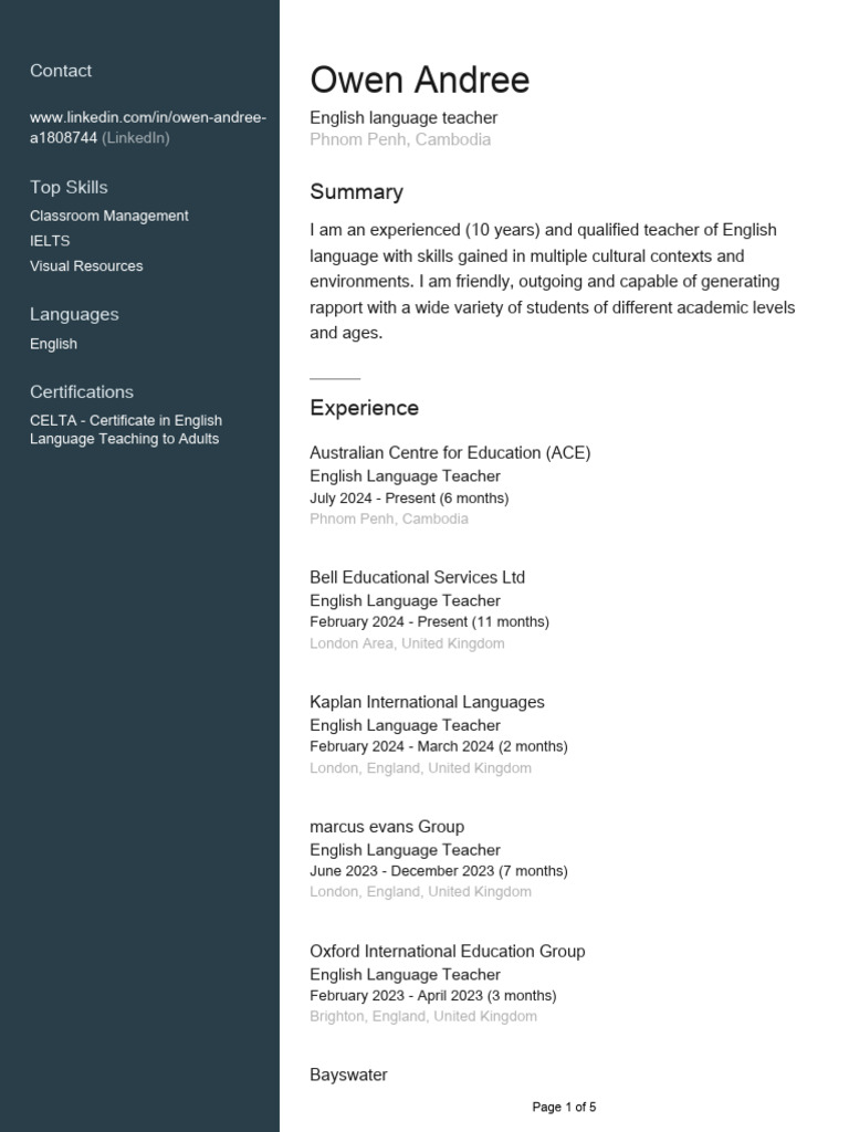 English Language Teacher Profile | PDF | Teachers | Learning