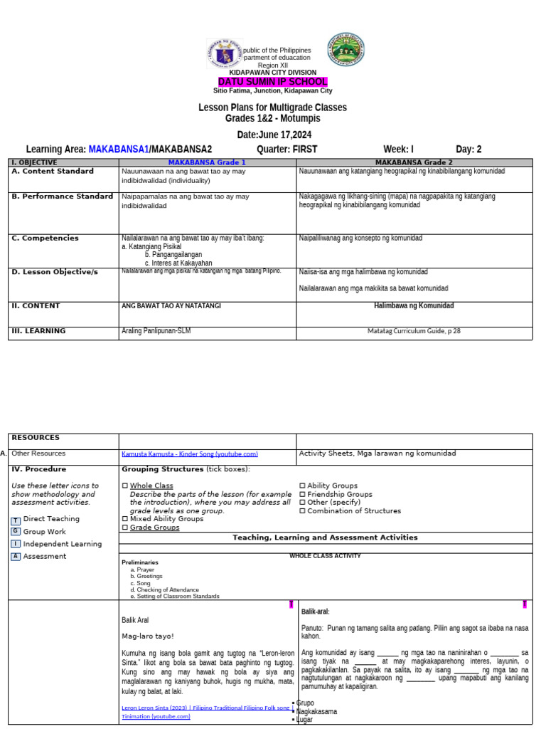 Day 2mg Lesson Plan g1&g2 -Makabansa1& Ap2 | PDF