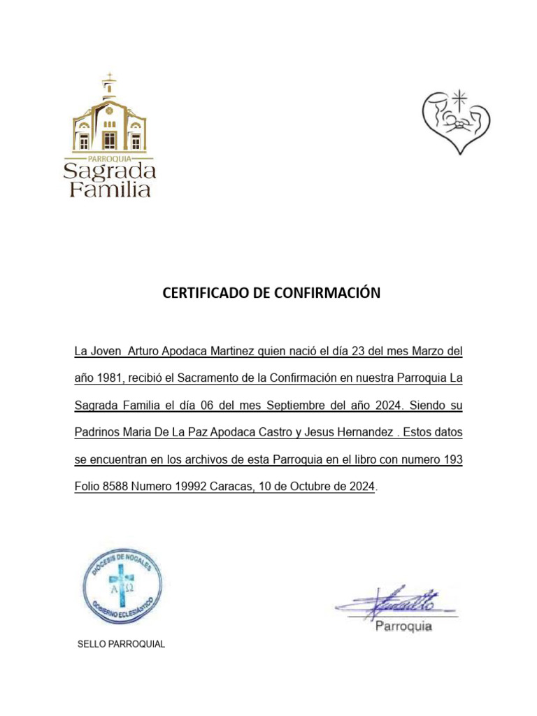 Confirmación de Arturo Apodaca Martinez | PDF