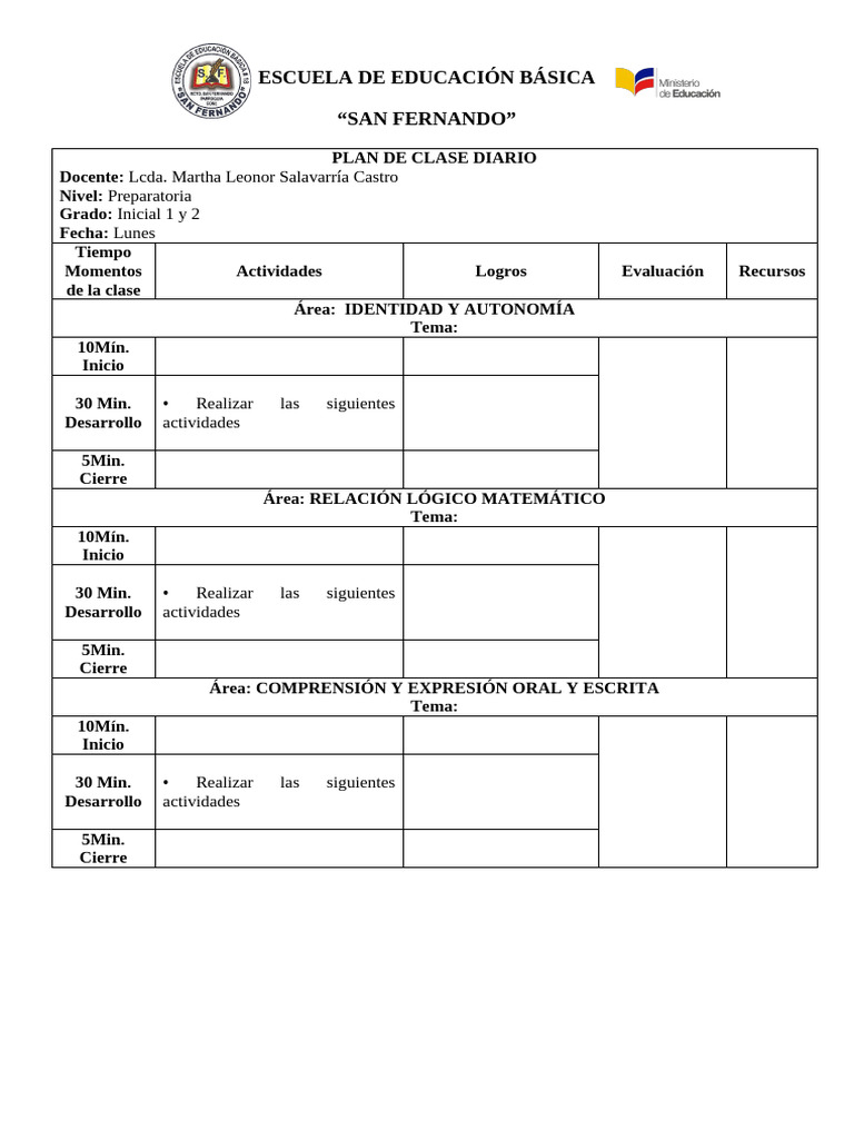 Plan de Clase Diario Preparatoria San Fernando | PDF | Educación ...