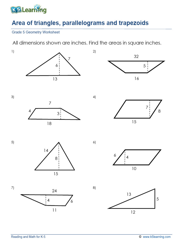 Grade 5 Area of Triangles Parallelograms Trapezoids A | PDF