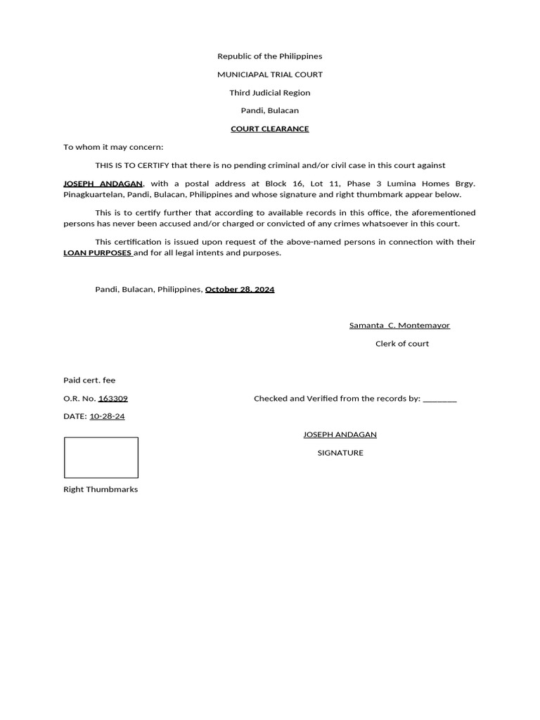 Court Clearance Certification for Loan | PDF