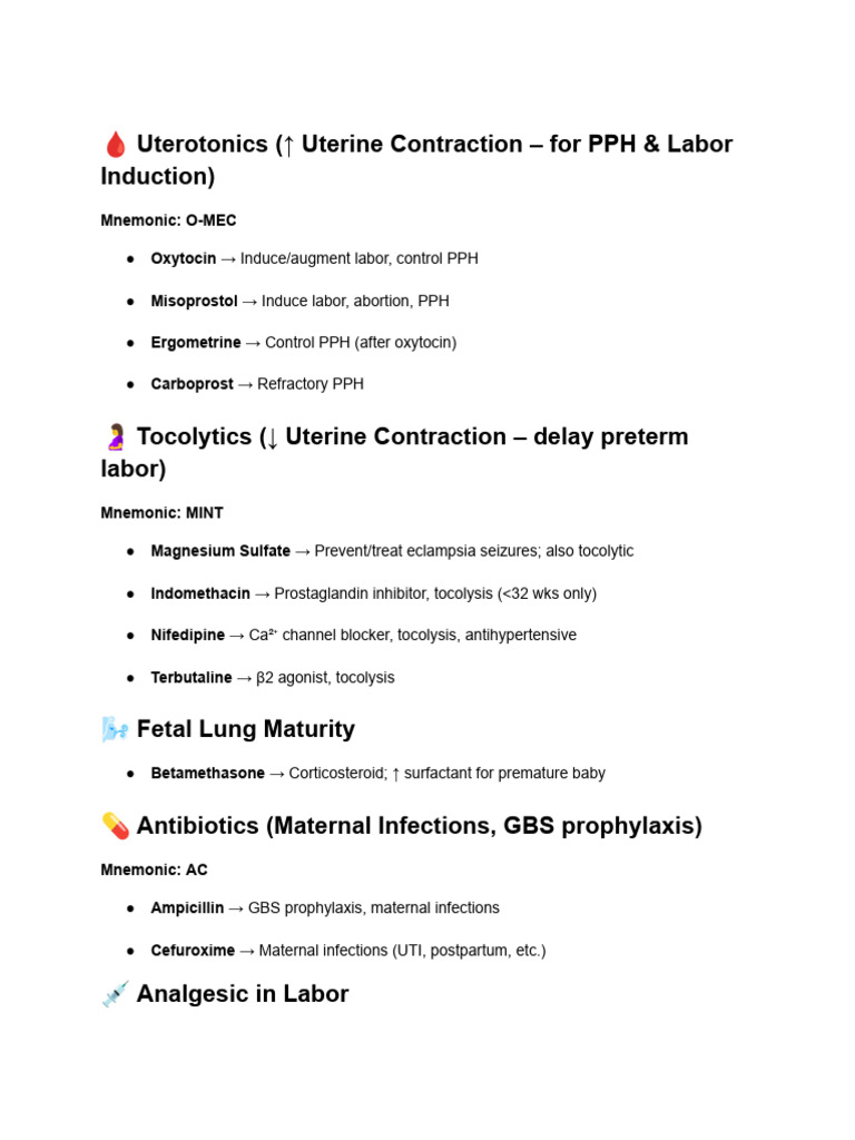 OB Drugs Overview and Mnemonics | PDF
