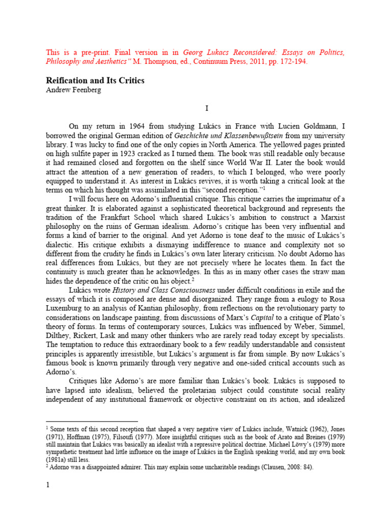 Andrew Feenberg: Reification and Its Critics | PDF | Georg Wilhelm Friedrich Hegel | Idealism