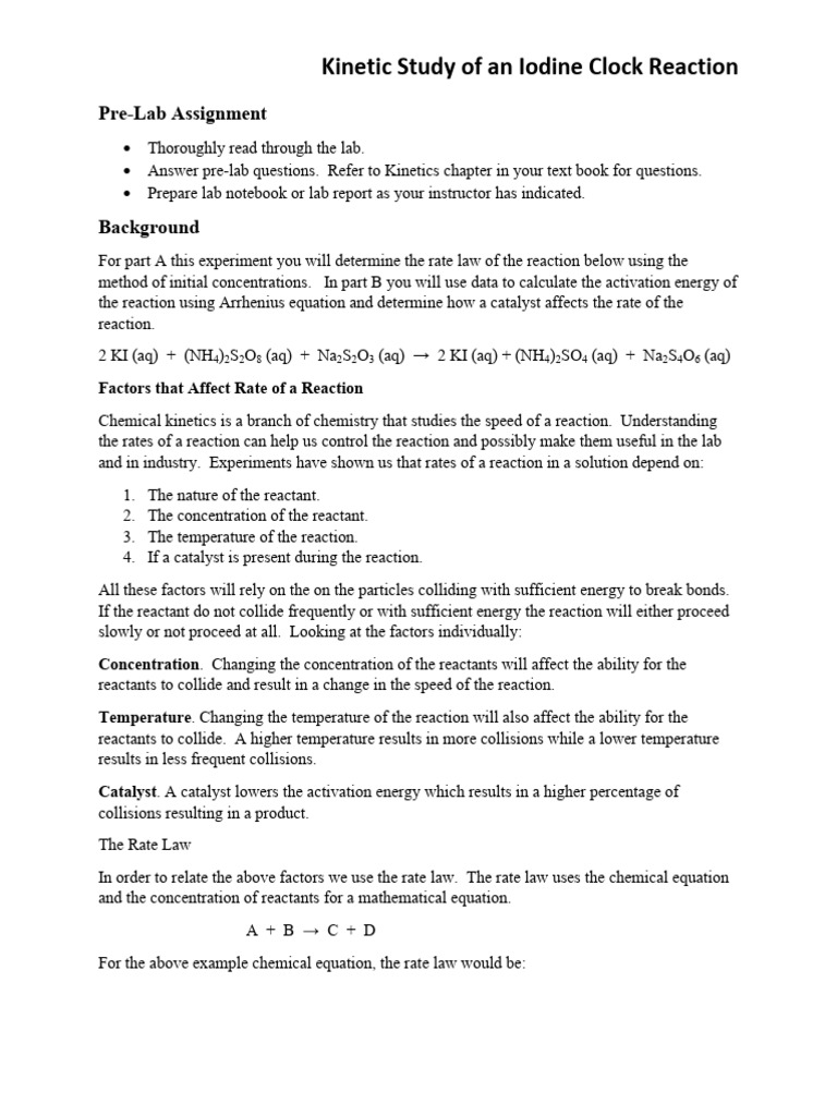 Iodine Clock Reaction Kinetics Lab Guide | PDF | Reaction Rate ...