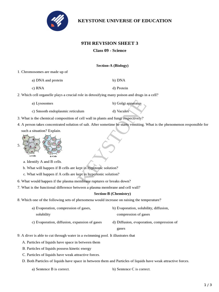 9th Science Revision Sheet 3 (Q) | PDF | Speed | Cell (Biology)