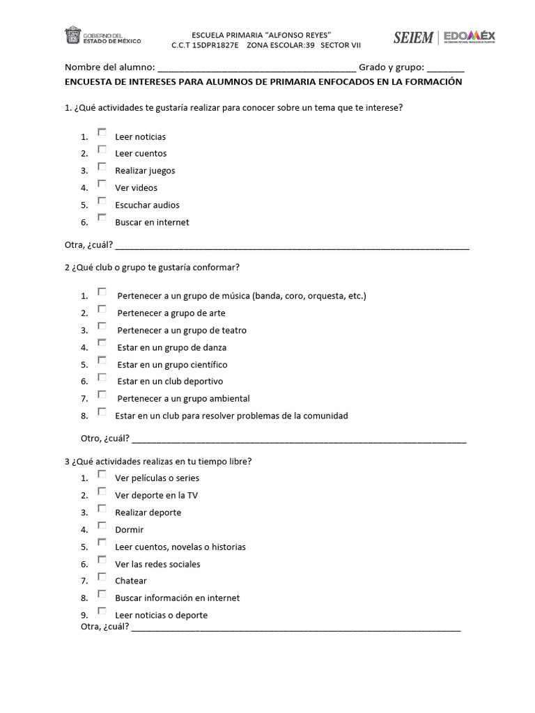 Encuesta de Intereses para Primaria | PDF