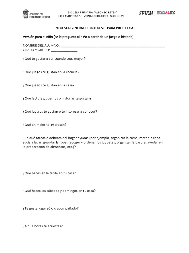 Encuesta General de Intereses para Preescolar Version Niño | PDF