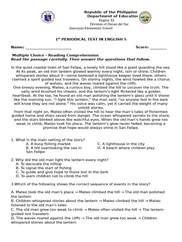 English First Quarter Exam | PDF | Adjective | Verb