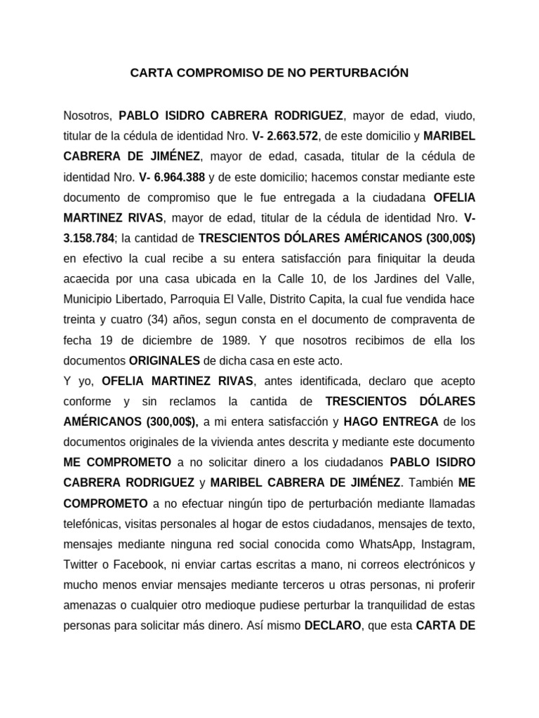 Carta de Compromiso de No Perturbación | PDF