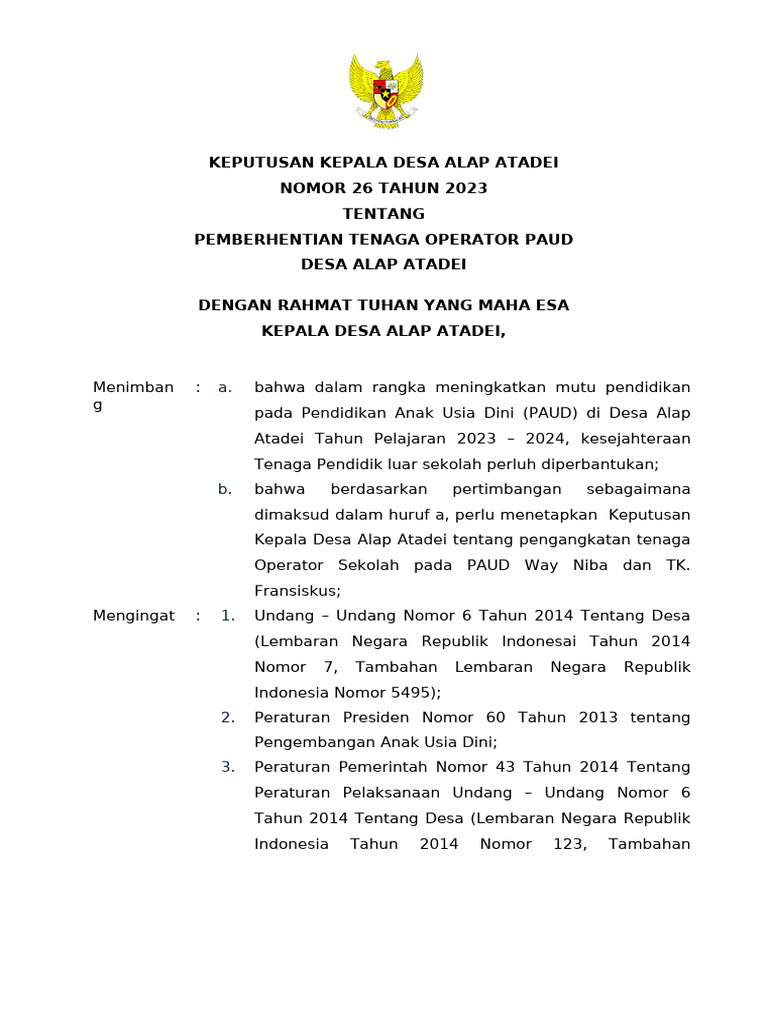 Pemberhentian Operator PAUD Alap Atadei | PDF