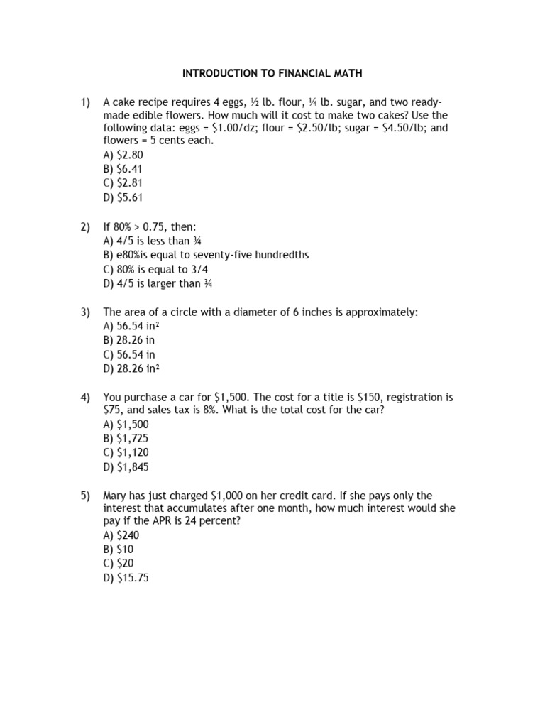 Financial Math Practice Questions | PDF | Interest | Credit