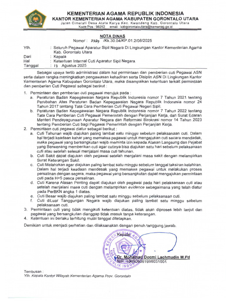 ND_Ketentuan Internal Cuti ASN | PDF