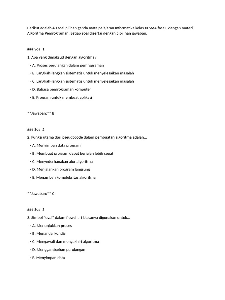 Berikut Adalah 40 Soal Pilihan Ganda Mata Pelajaran Informatika Kelas XI SMA Fase F Dengan ...