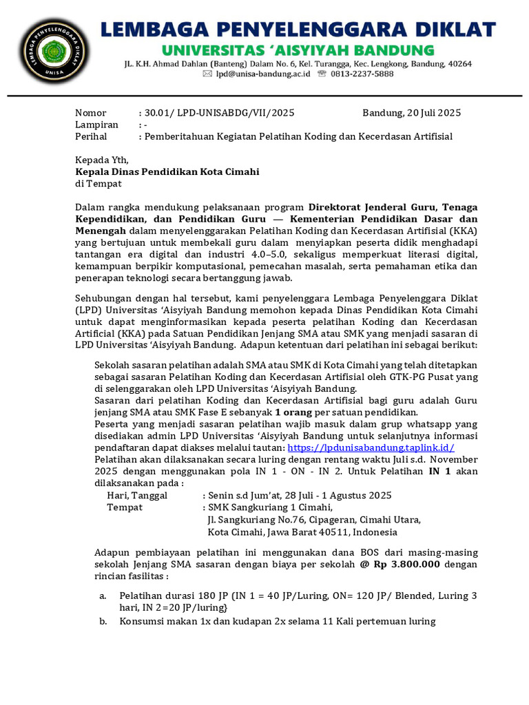 30 - Surat Pemberitahuan Pelatihan KKA Di SMA - SMK Cimahi - LPD Unisa Bandung | PDF