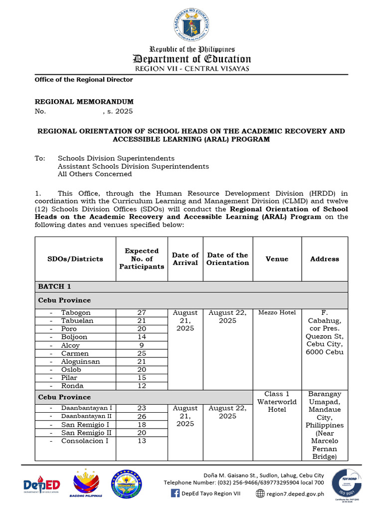 ARAL Program Orientation for School Heads | PDF