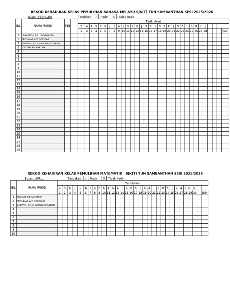 STTS Buku Rekod Kehadiran Murid Kelas Pemulihan Tahun 2 BAHASA MELAYU | PDF