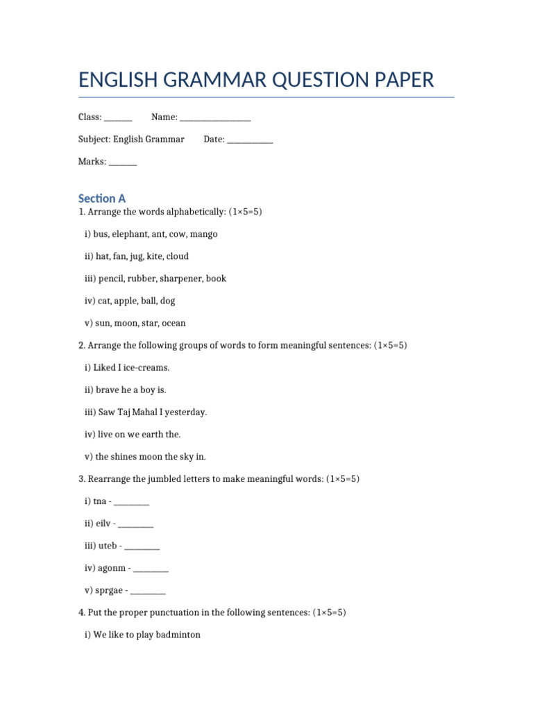 Year 7 English Grammar Exam Paper | PDF
