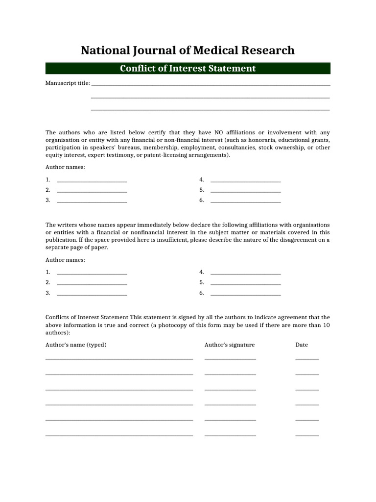 Conflict of Interest Statement Template | PDF