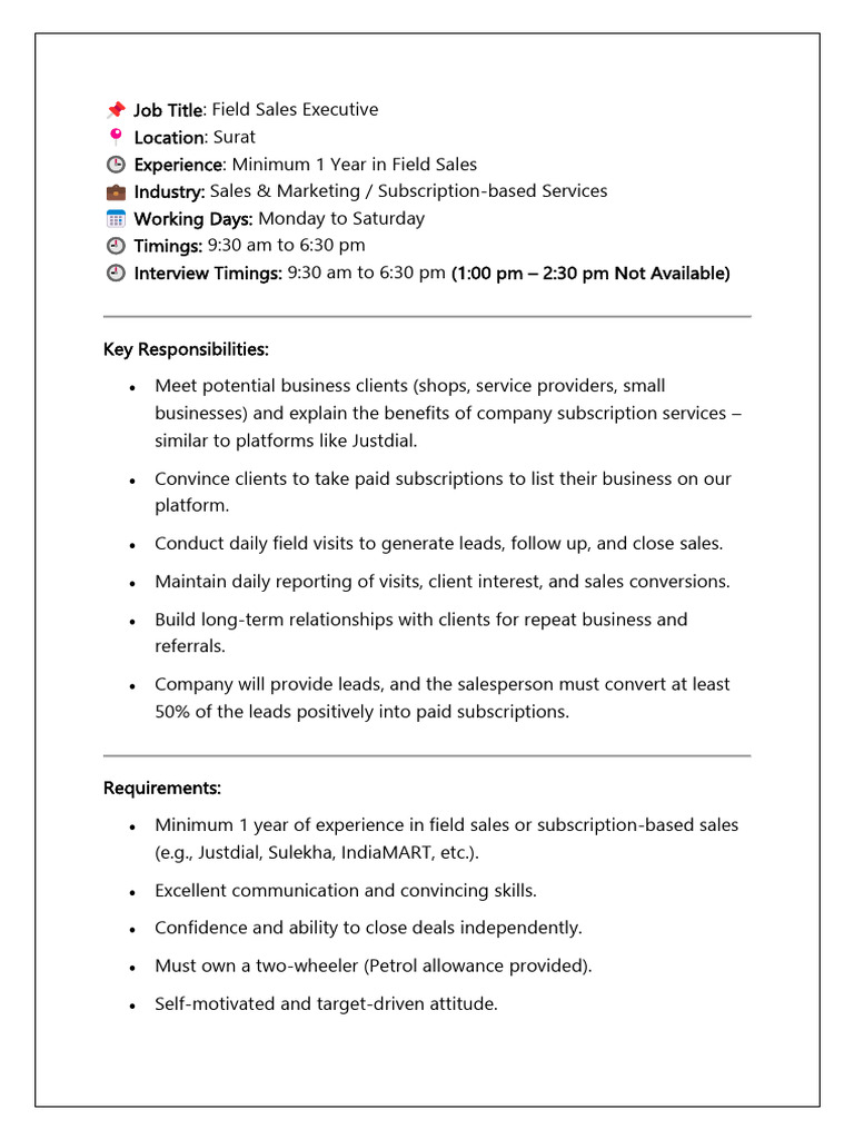 Field Sales Executive HR Mart | PDF