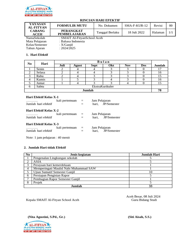 Rincian Hari Efektif B. Indo Ganjil Kelas X - Xii TP 24-25 | PDF