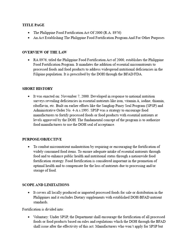 Gellada - R.a.8976-Food Fortification Act Write-Up | PDF | Nutrients ...