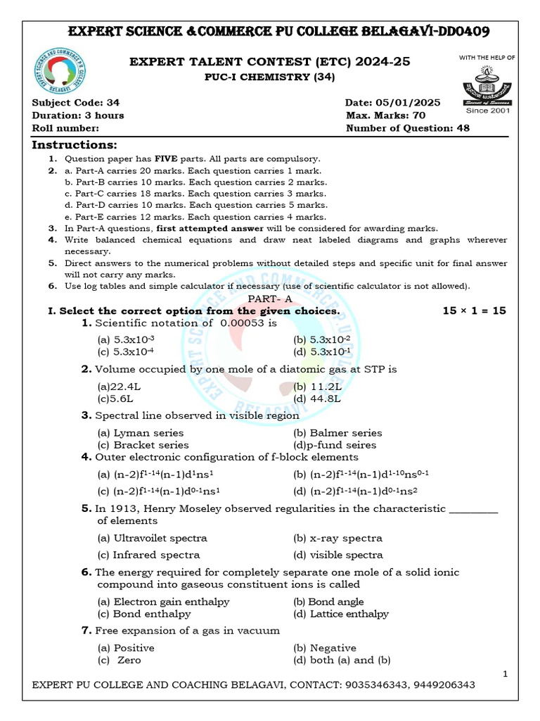 PUC-I Chemistry Exam Paper 2024-25 | PDF | Physical Phenomena | Applied ...