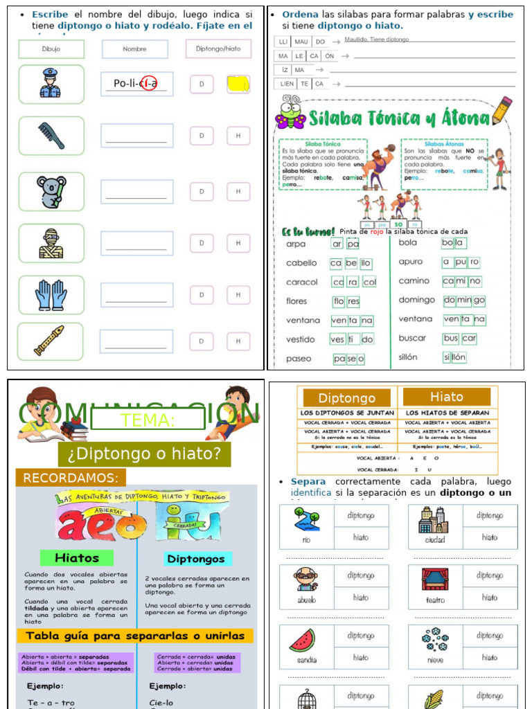 Diptongos e Hiatos: Actividades para Niños | PDF