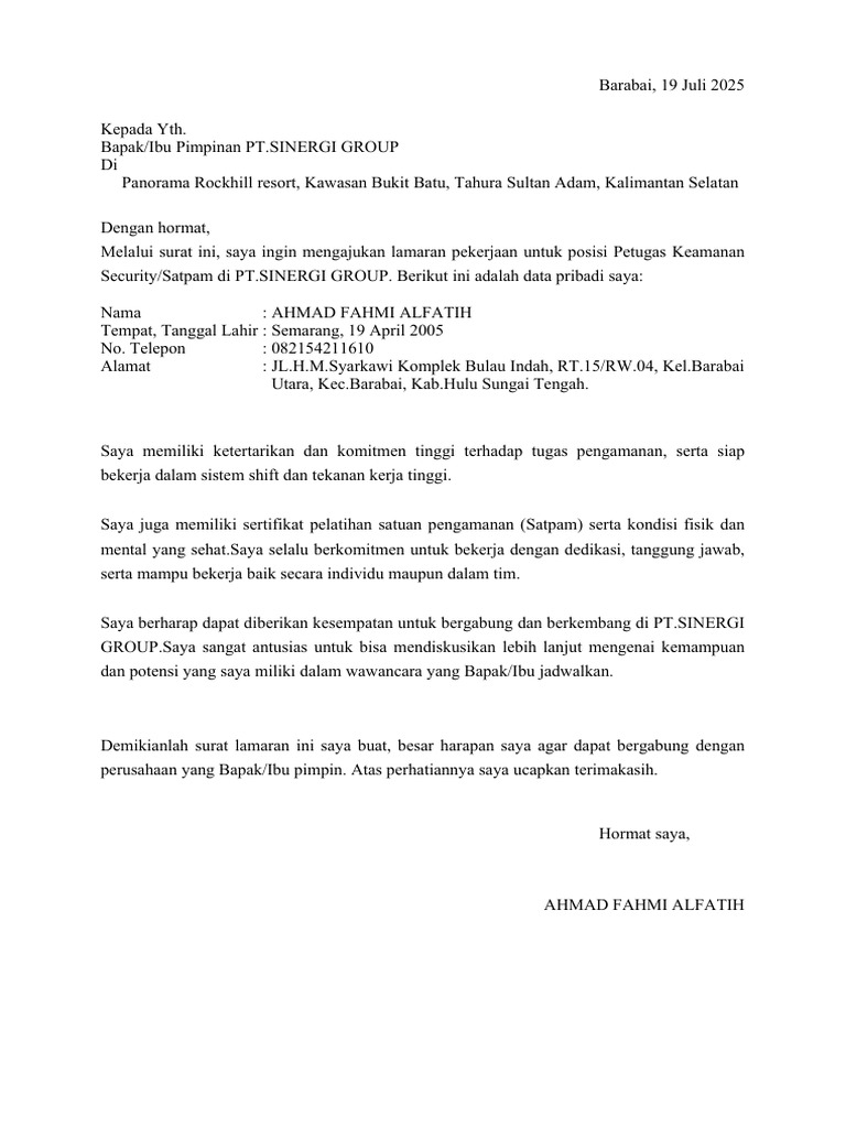 Surat Lamaran Pt.sinergi Group | PDF