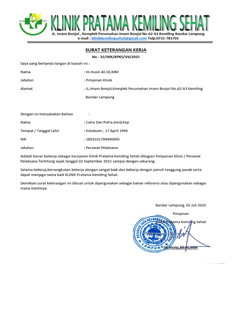 Surat Keterangan Kerja Catra | PDF