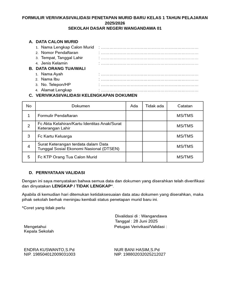 Formulir Validasi Murid Baru SD 2025 | PDF