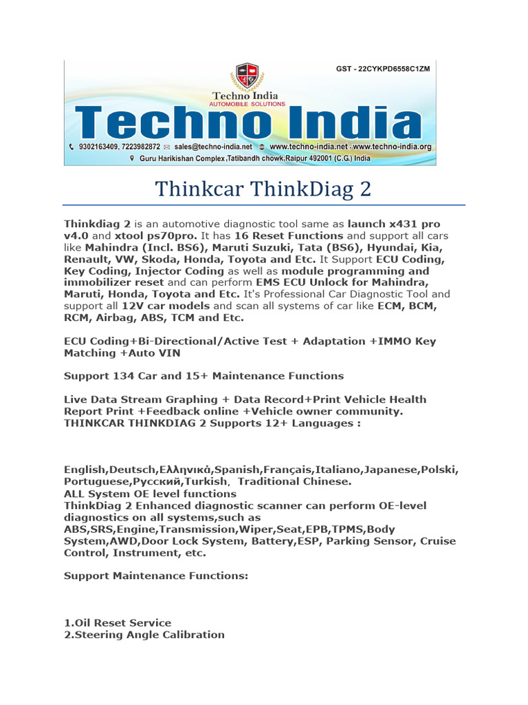 Thinkcar ThinkDiag 2 Overview and Specs | PDF | Motor Vehicle | Vehicles