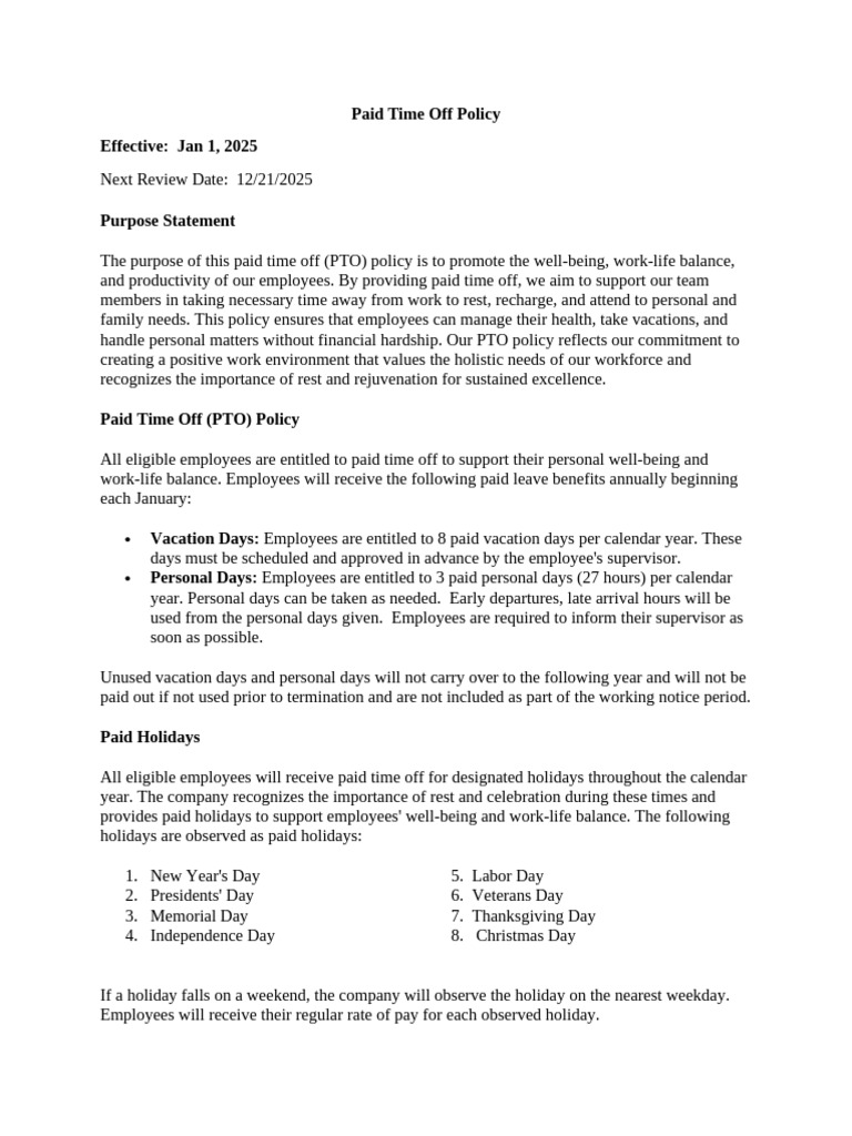 Comprehensive Paid Time Off Policy | PDF
