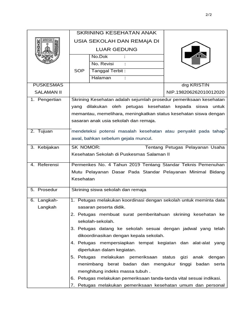 Sop Skrining Kesehatan Anak Usia Sekolah Dan Remaja | PDF