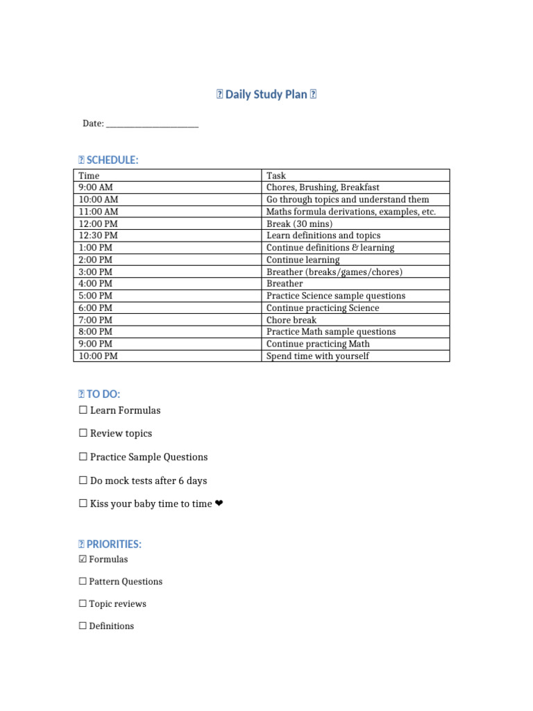 Daily Study Schedule and Tasks | PDF