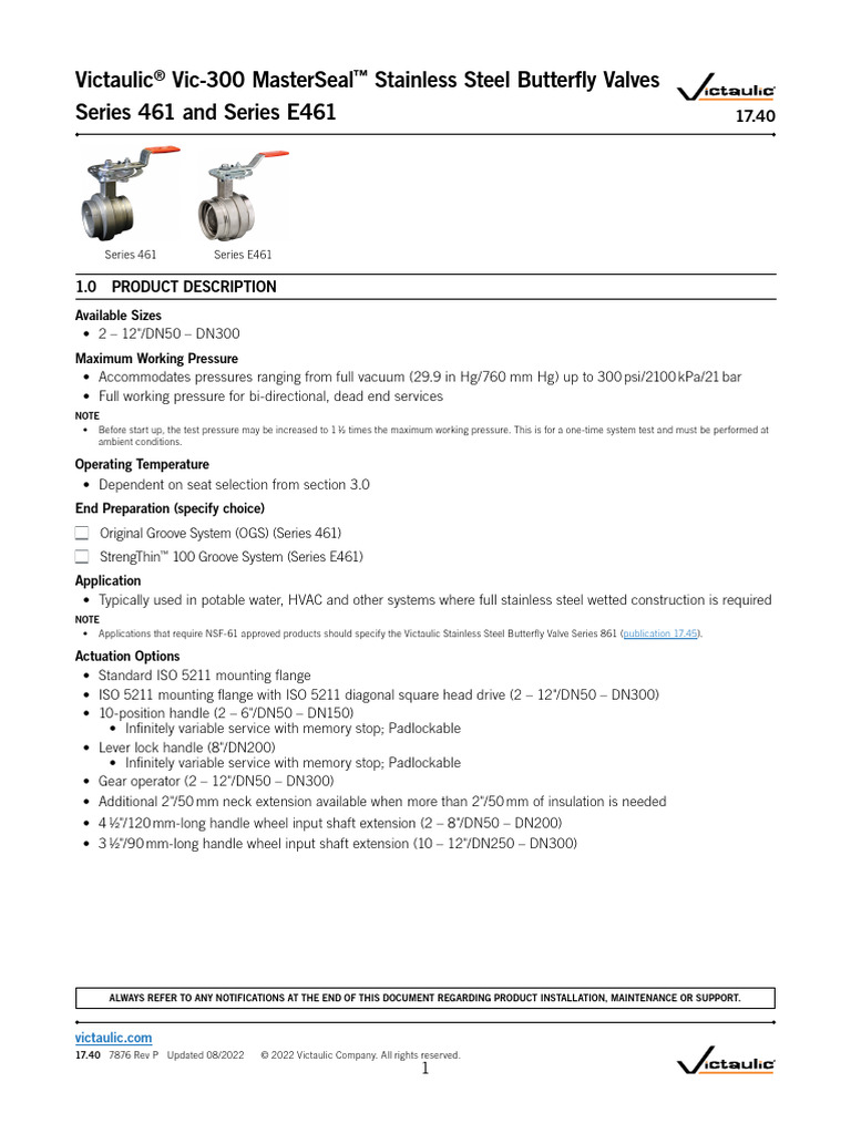 Victaulic Vic-300 Butterfly Valve Specs | PDF | Valve | Steel