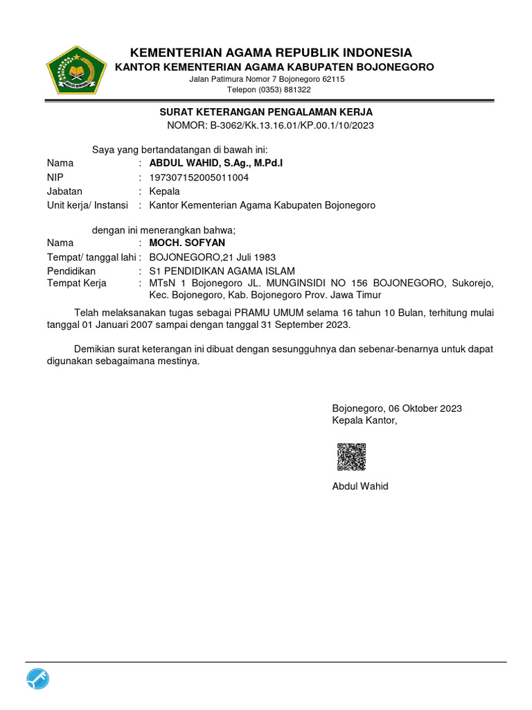 B-3062 Surat Keterangan Pengalaman Kerja Moch. Sofyan | PDF