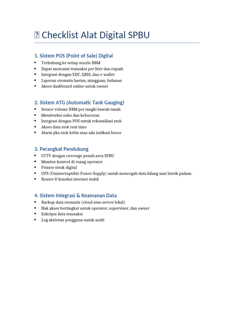 Checklist Alat Digital untuk SPBU | PDF
