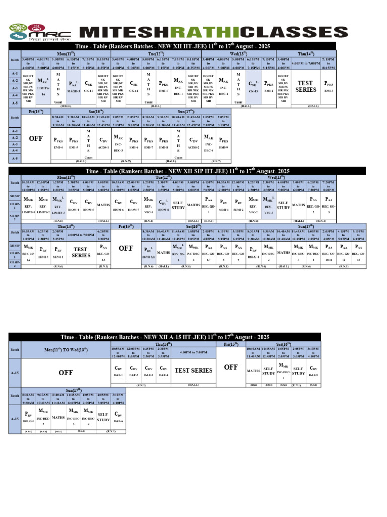 Time Table for XII IIT-JEE Batches | PDF