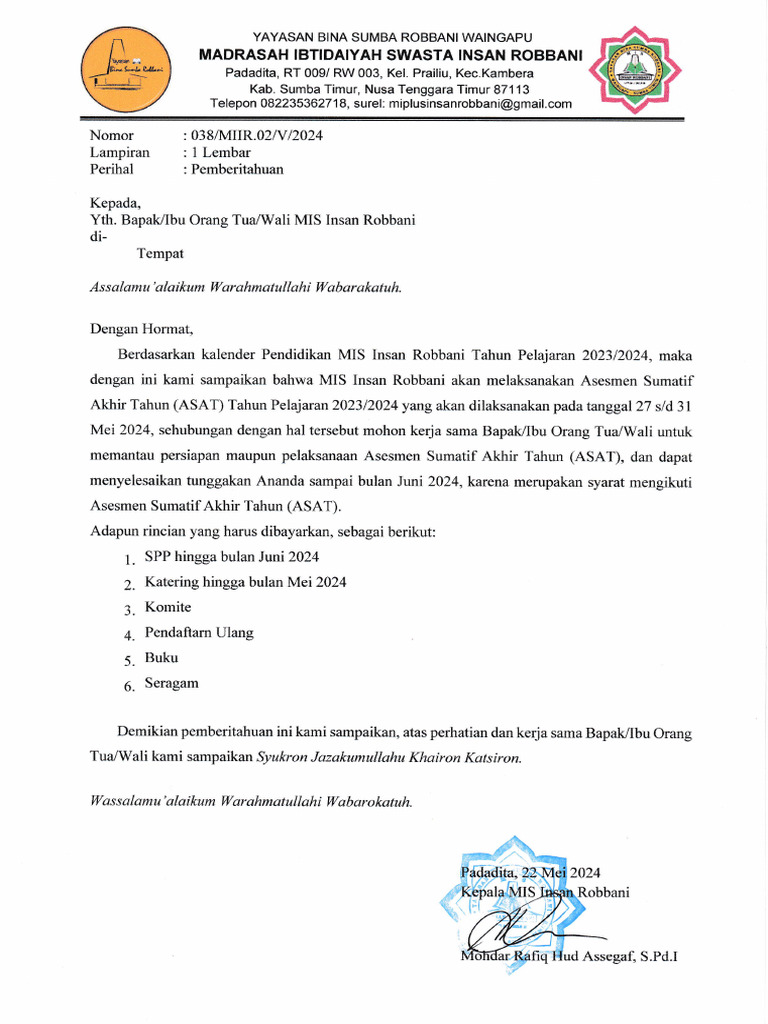 Jadwal ASAT MIS Insan Robbani 2023-2024 | PDF