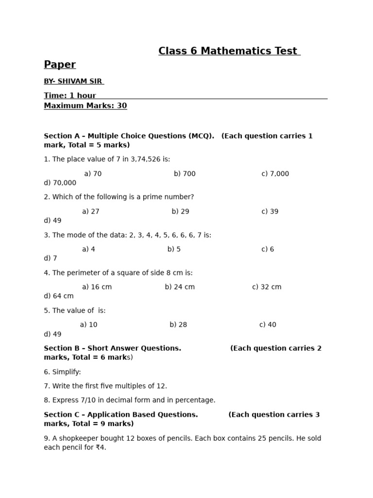 Maths test paper class 6th | PDF | Prime Number | Numbers