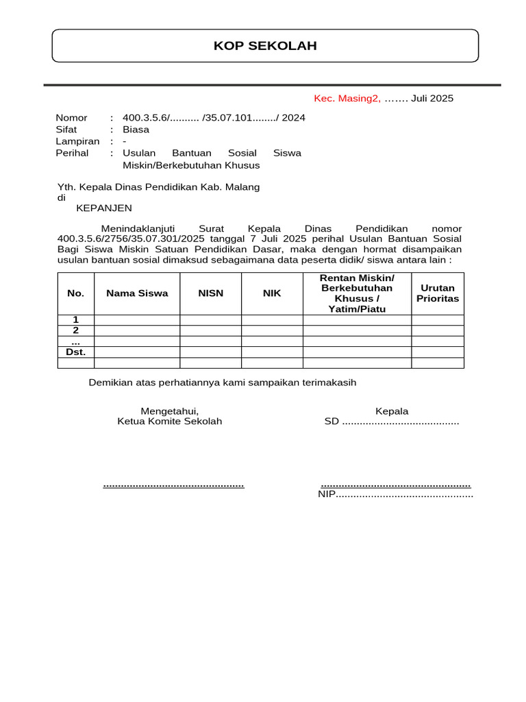 Format Surat Usulan Bantuan Siswa Miskin Atau Berkebutuhan Khusus | PDF