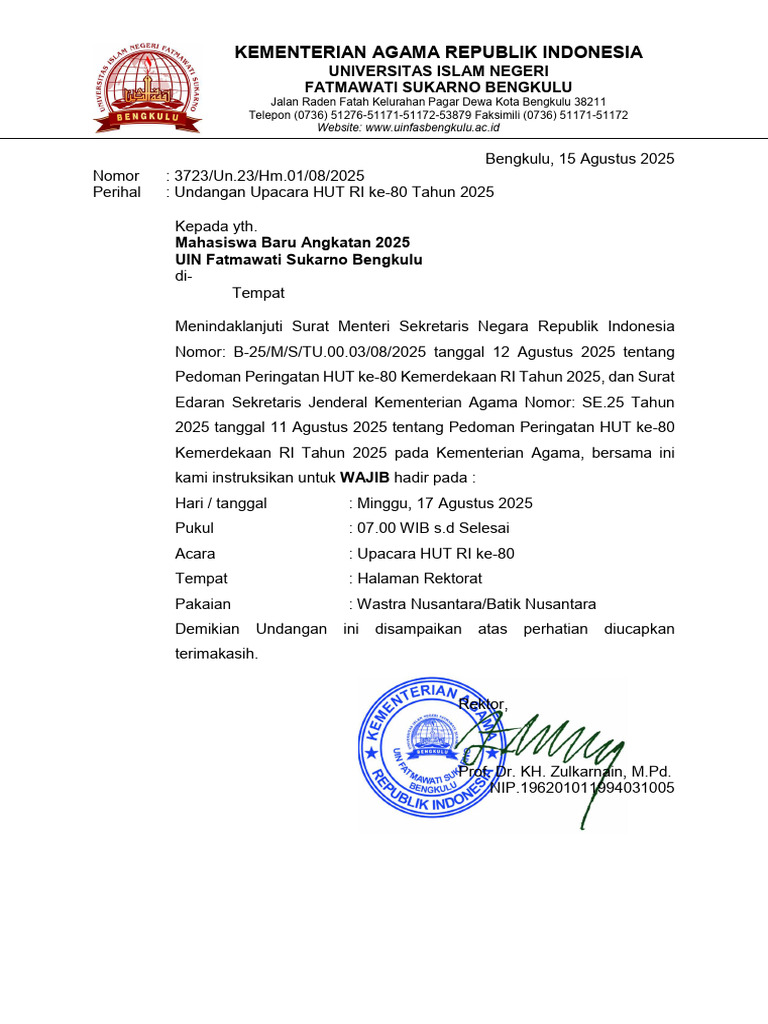 Undangan Upacara Hut Ri Ke 80 Untuk Maba 2025 | PDF