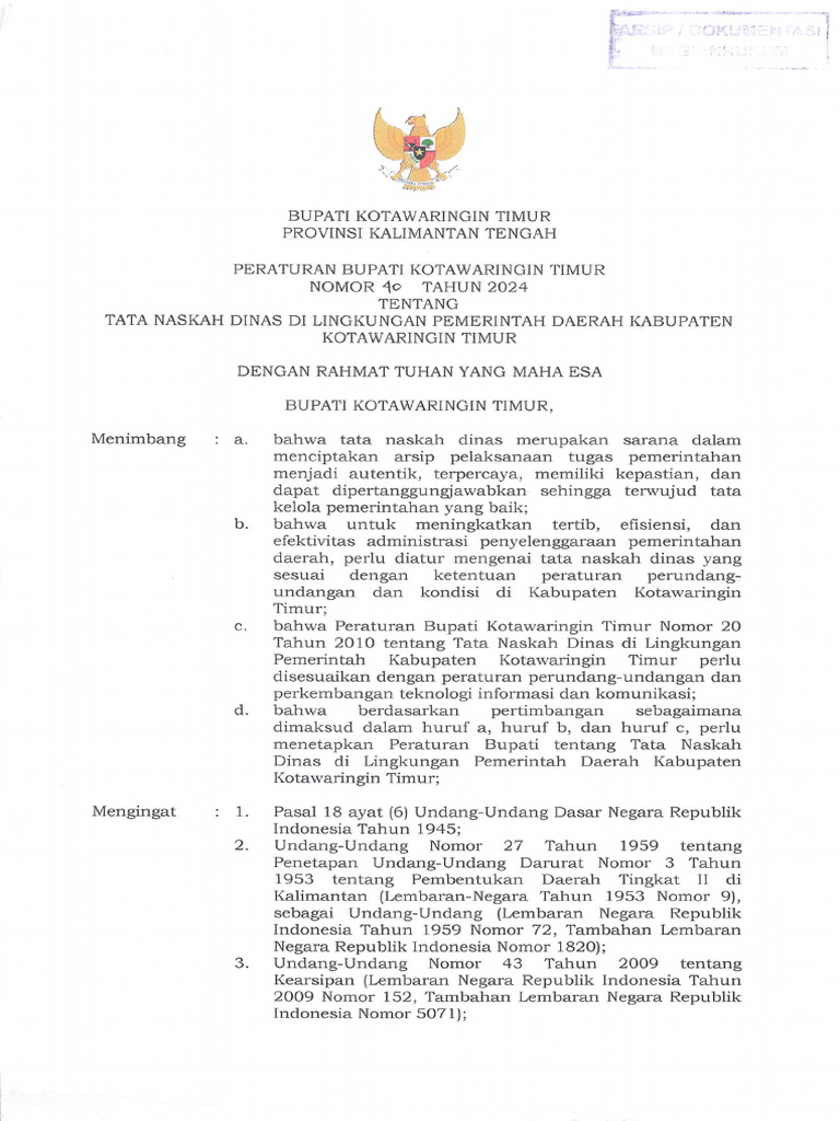 Perbup Kotim Nomor 40 Tahun 2024 Tentang Tata Naskah Dinas | PDF